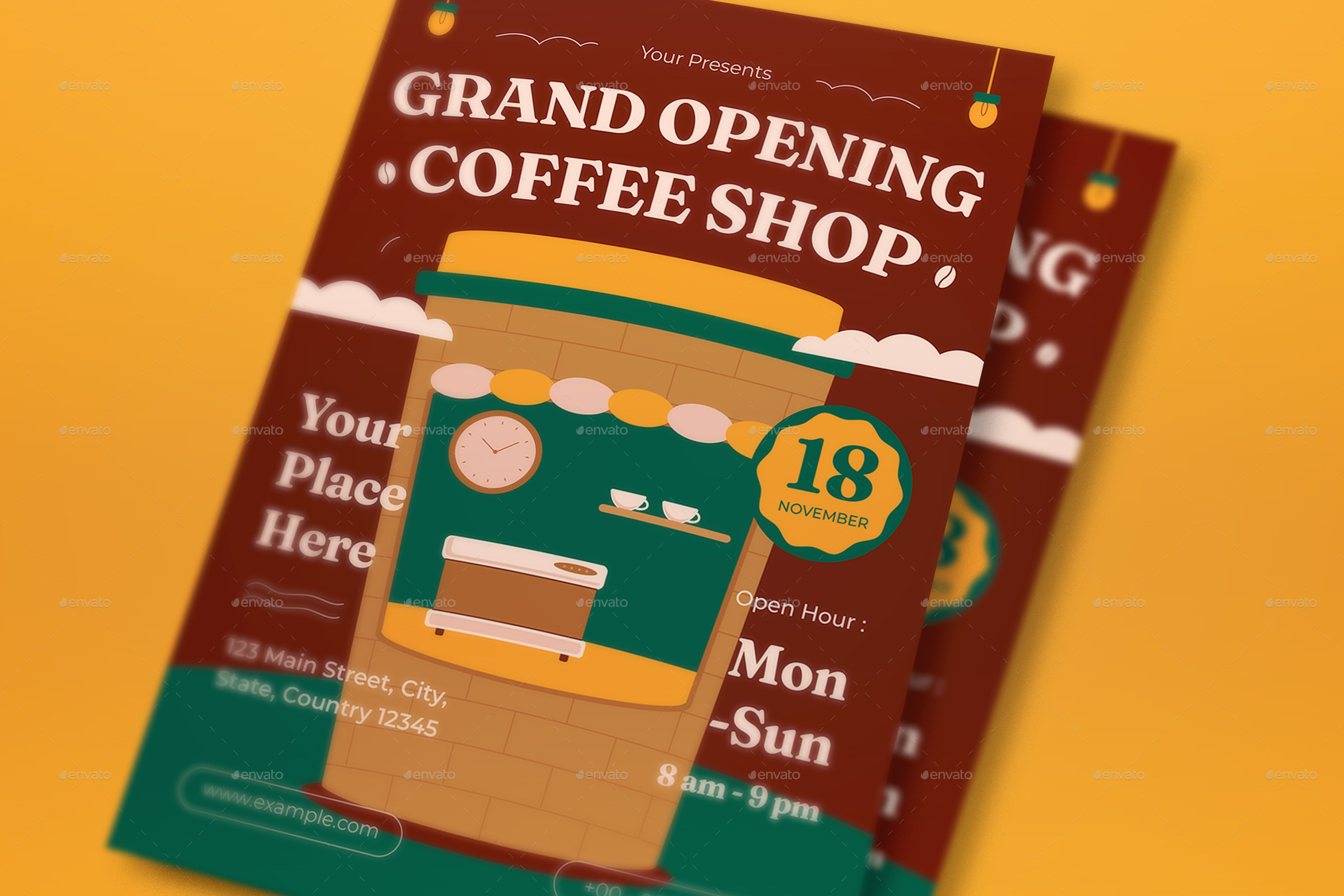 Brown Flat Design Grand Opening Coffee Shop Flyer Set, Print Templates