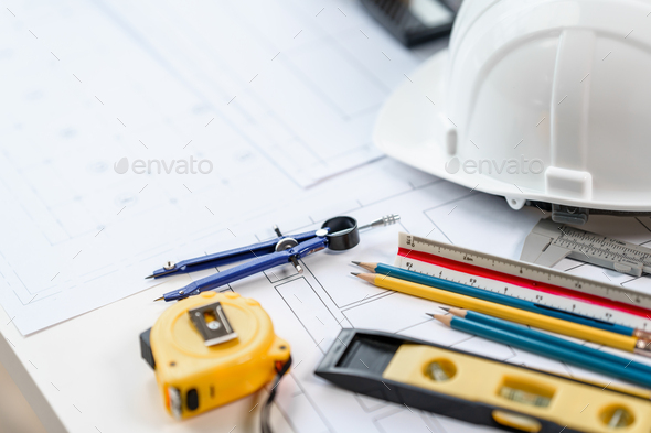 Engineering tools on technical drawing, engineer drawing plan blueprint ...