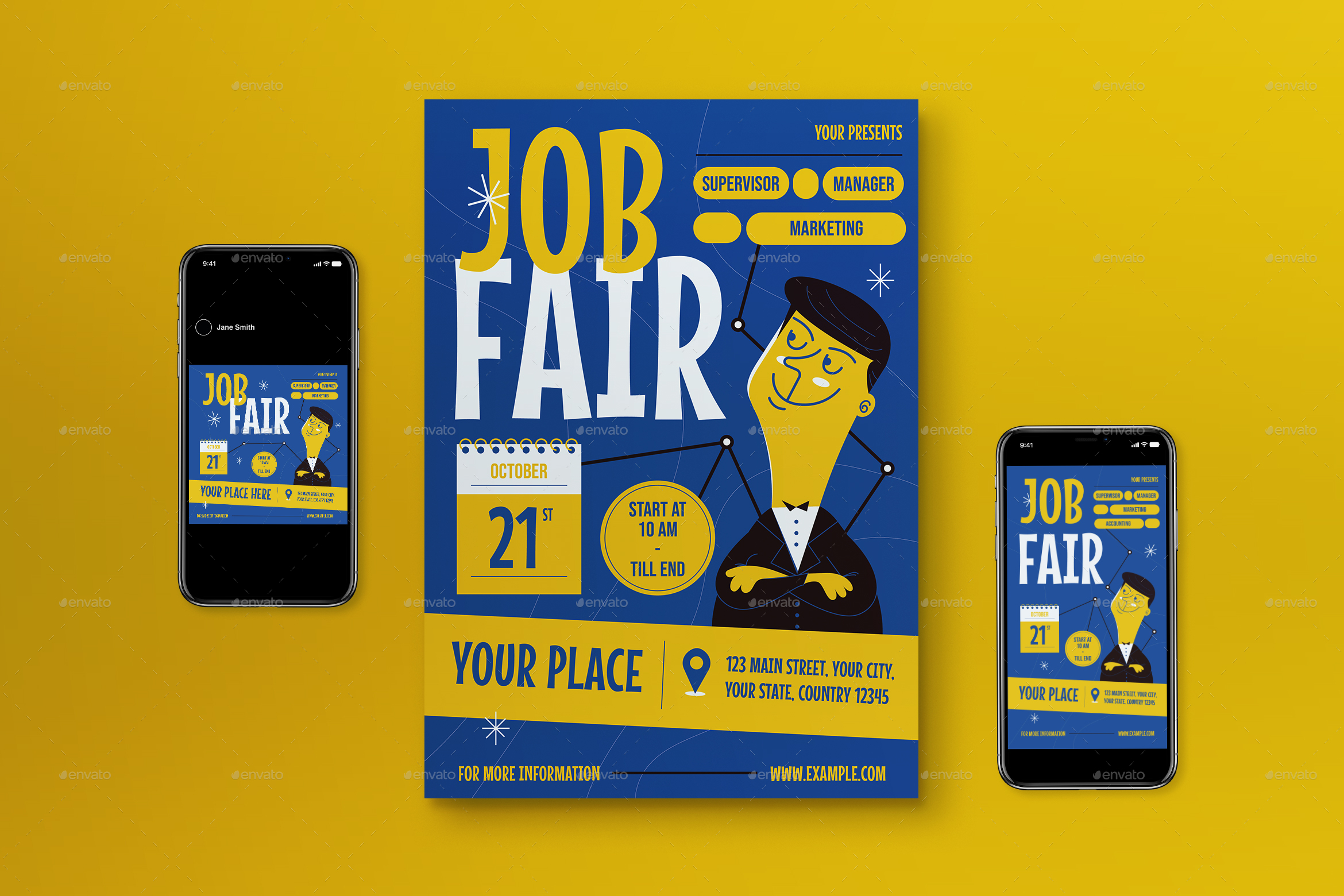 Blue Mid Century Job Fair Flyer Set, Print Templates | GraphicRiver