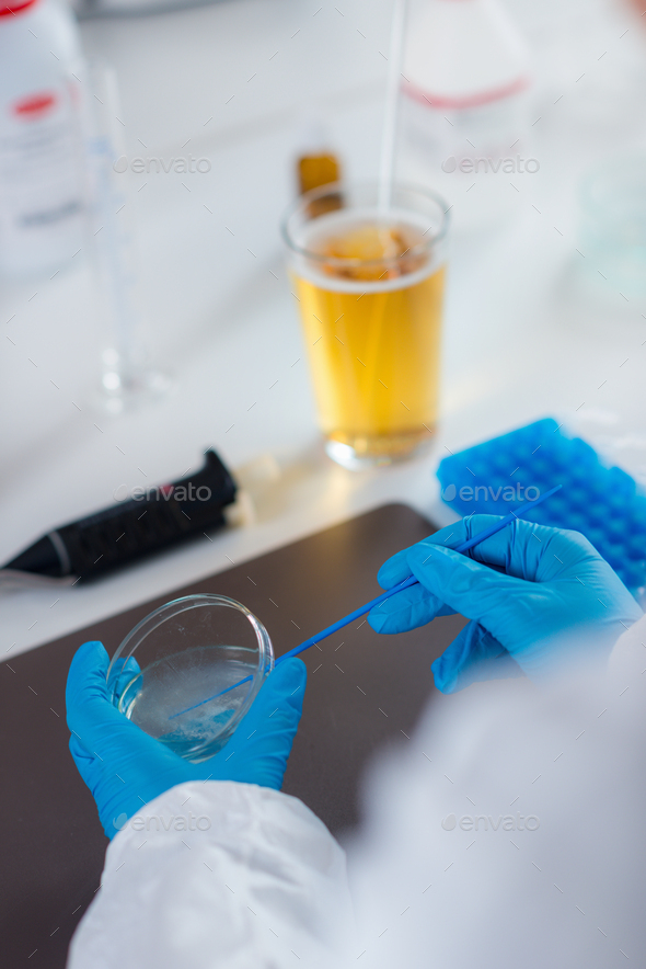 Quality control expert carefully examines beer samples in a modern ...