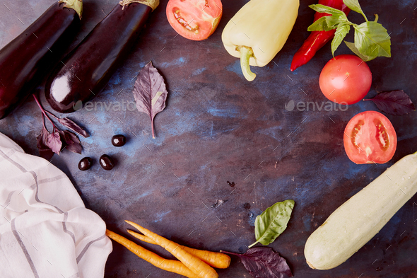 Aesthetic composition of vegetables on rustic background. Plant-based ...