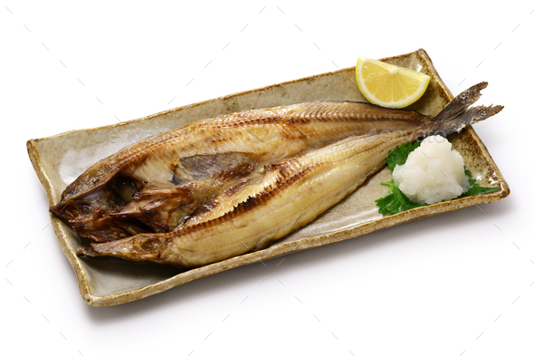 Grilled semi-dried fish (Okhotsk atka mackerel), Japanese traditional ...