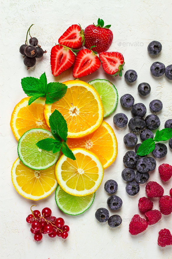 mix of fruits and berries,set, assortment, sliced citrus fruits ...