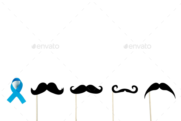 Mustaches photo booth props and blue ribbon on white background with ...