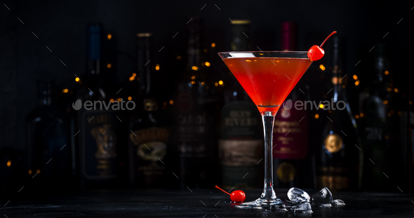 Manhattan cocktail drink with bourbon, red vemuth, bitter, ice and ...