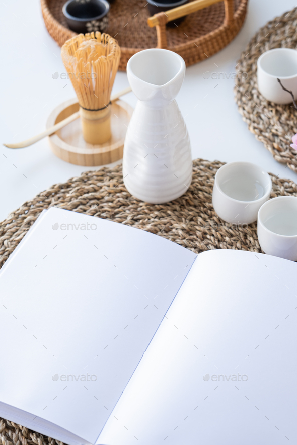 Book mockup design. Blank white book on dining table in asian style ...
