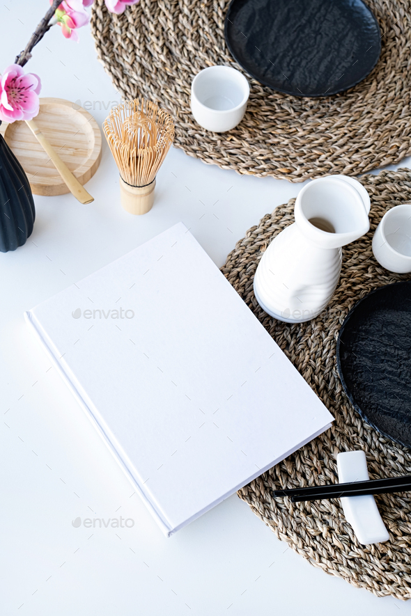 Book mockup design. Blank white book on dining table in asian style ...