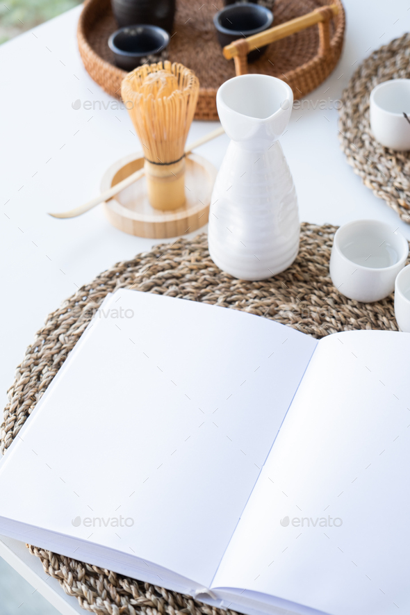 Book mockup design. Blank white book on dining table in asian style ...