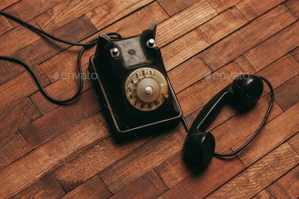 retro telephone communication technology call antique wooden background ...
