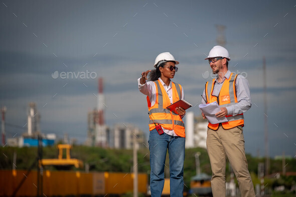 Engineers railway team wearing safety uniform and helmet under ...
