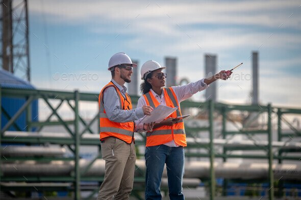 Engineers railway team wearing safety uniform and helmet under ...