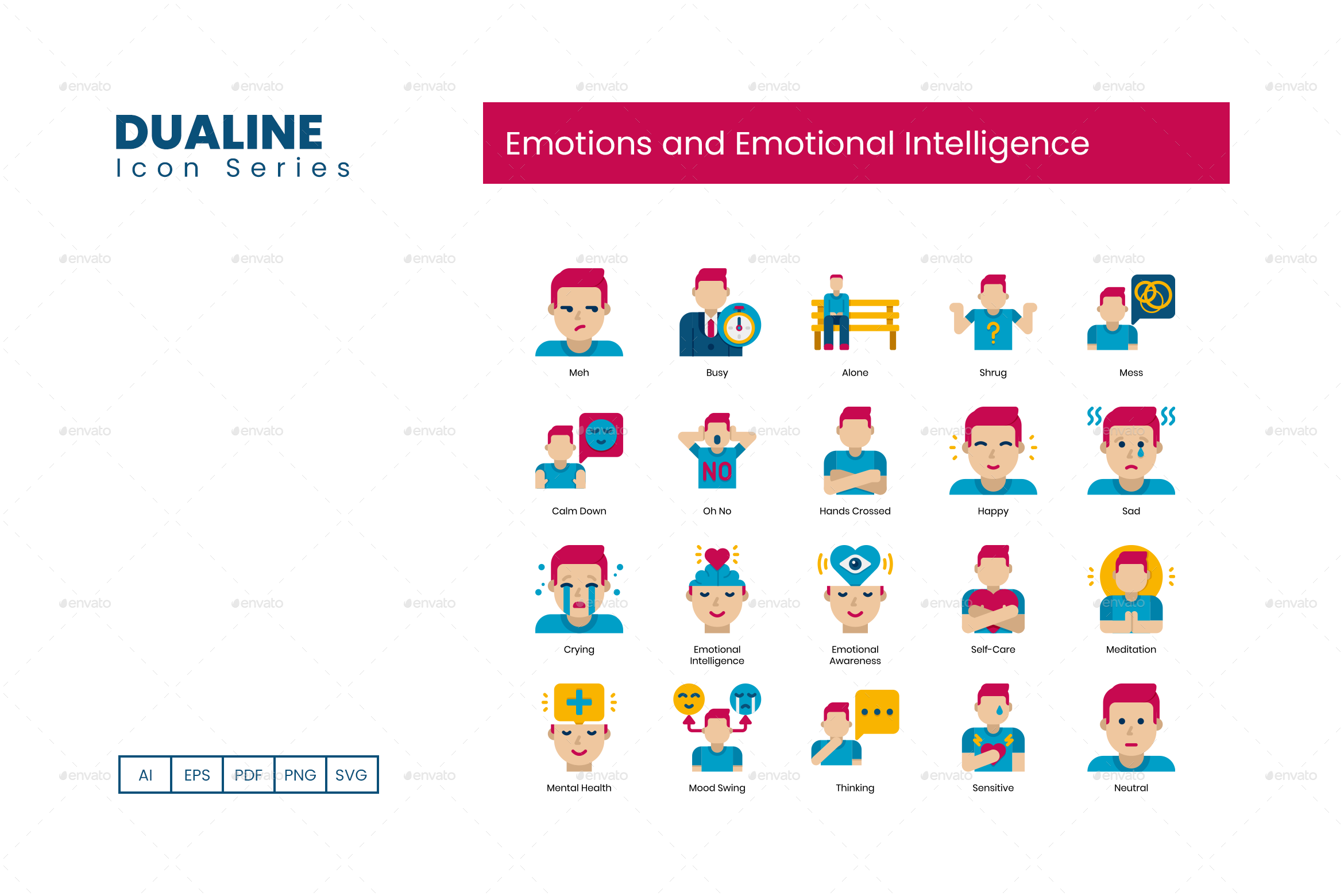 80 Emotions and Emotional Intelligence Icons | Dualine Flat Series, Icons