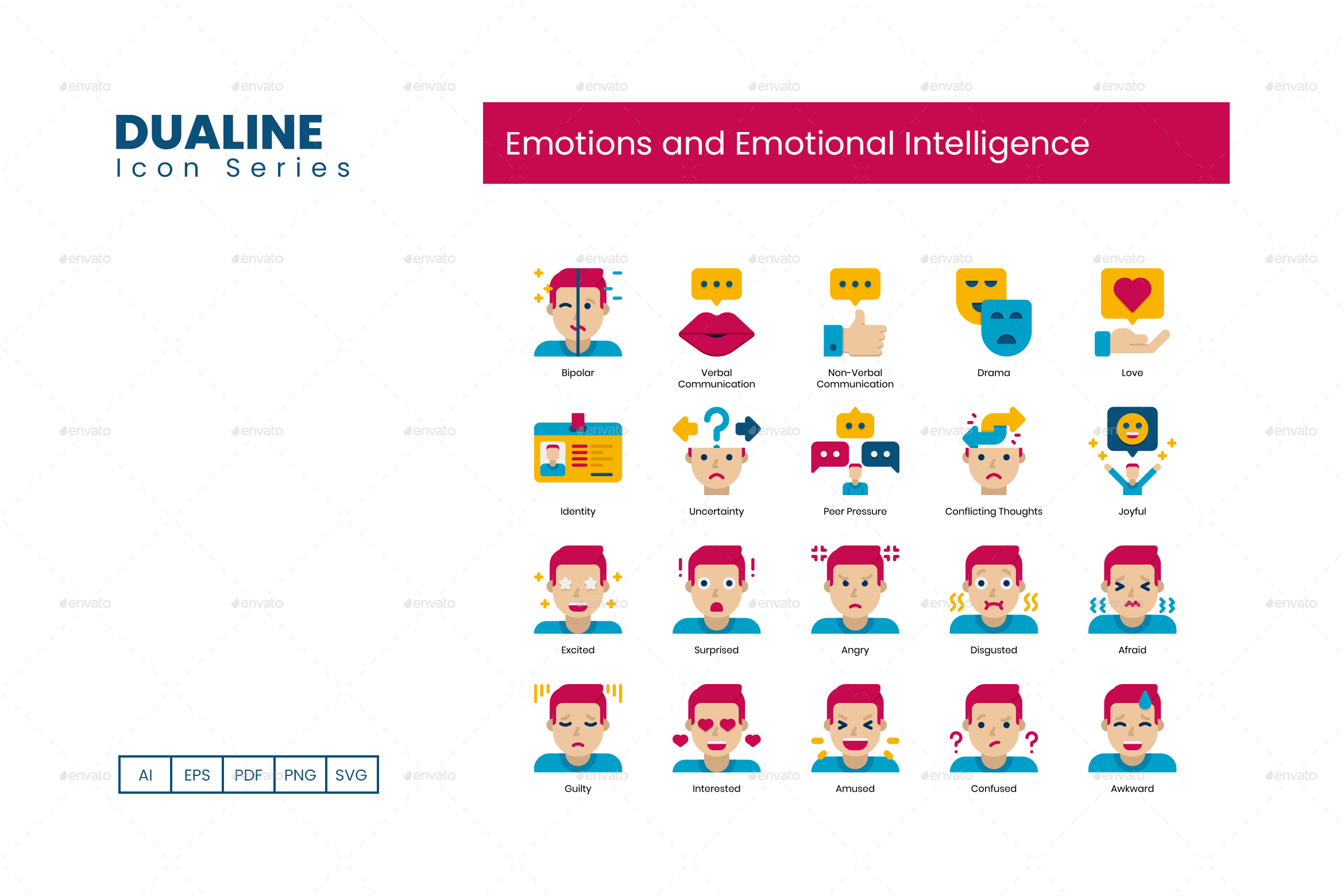 80 Emotions and Emotional Intelligence Icons | Dualine Flat Series, Icons
