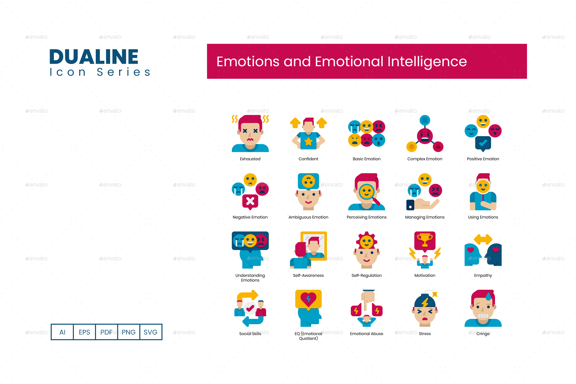 80 Emotions and Emotional Intelligence Icons | Dualine Flat Series, Icons