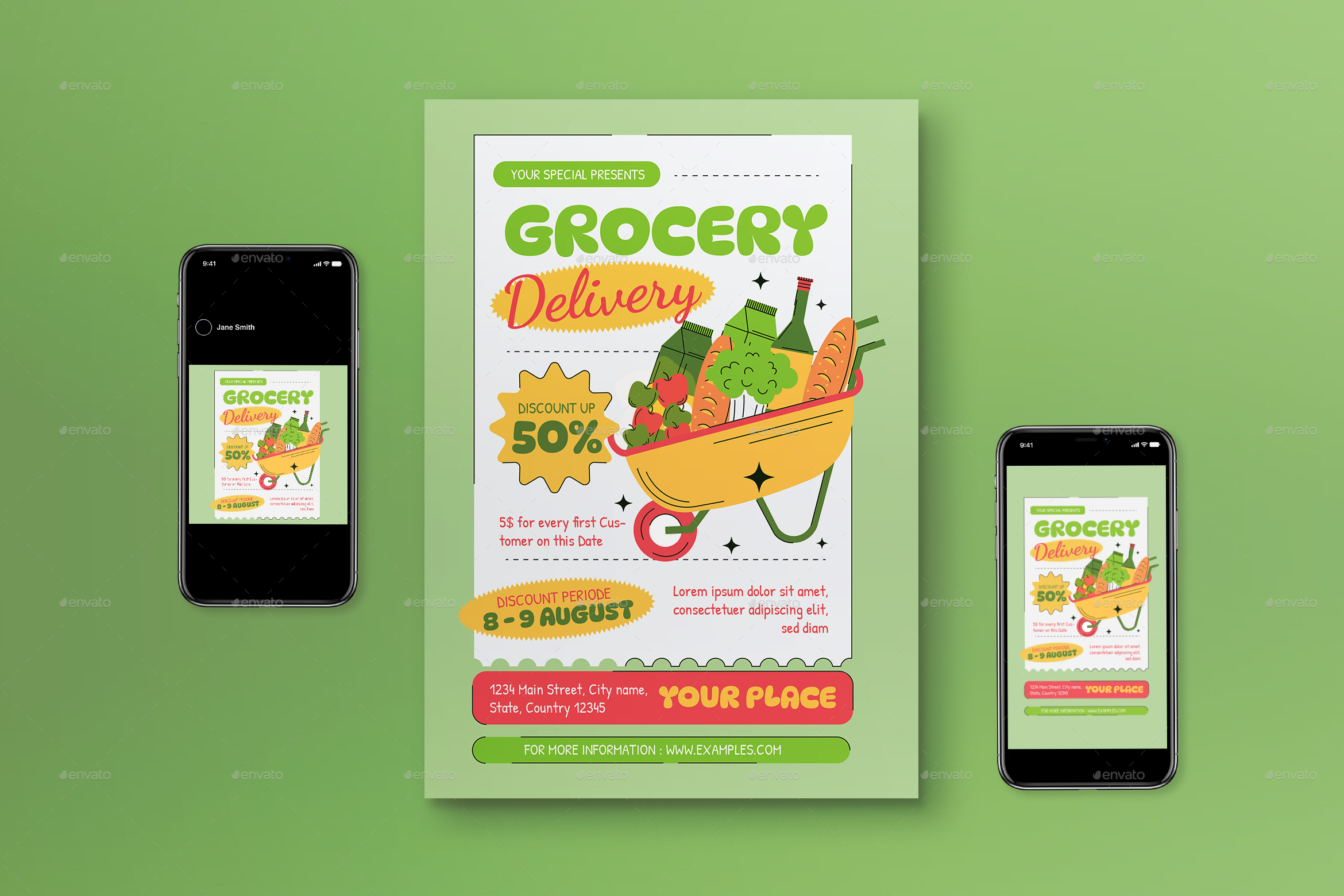 Green Line art Flat Design Grocery Delivery Flyer Set, Print Templates