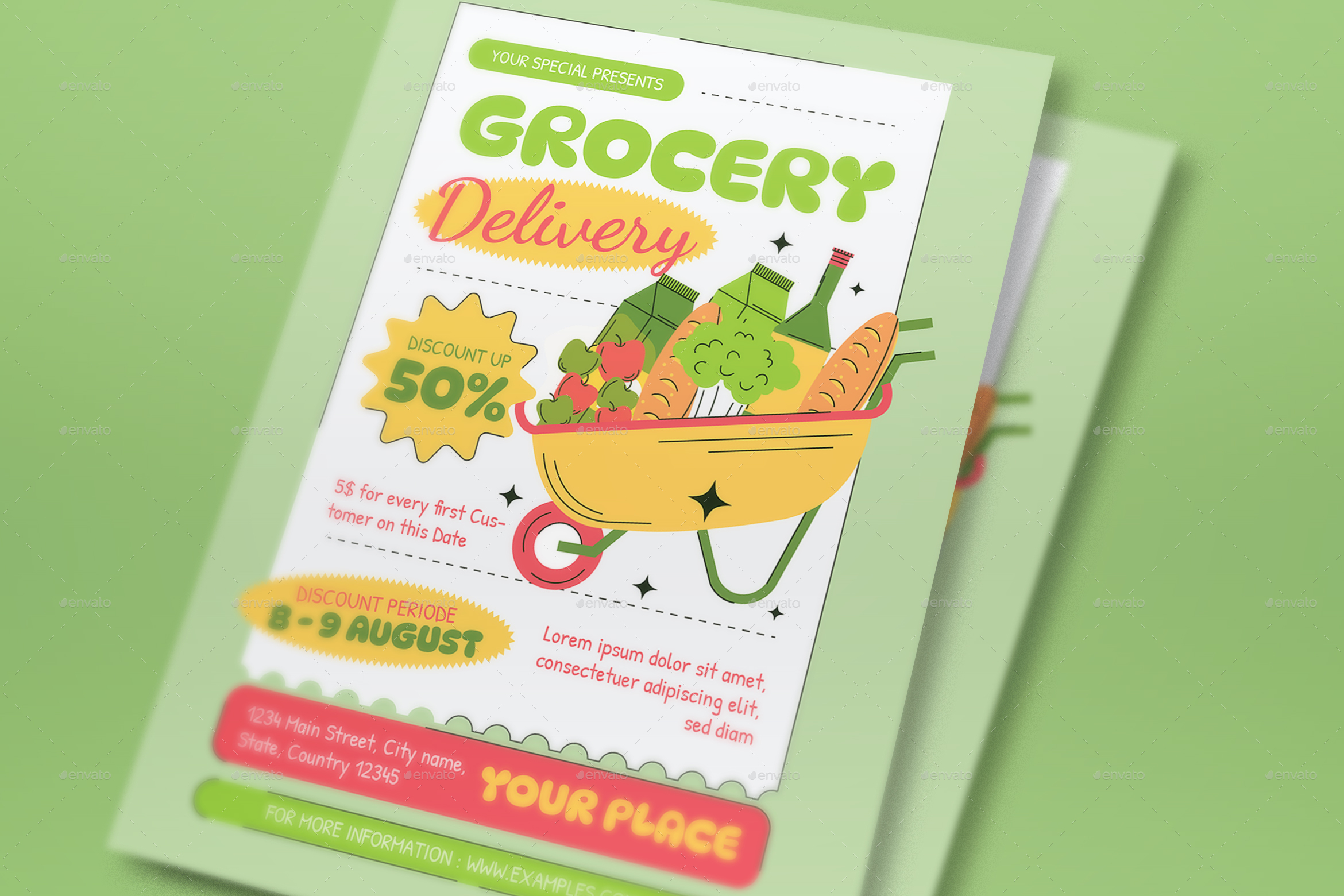 Green Line art Flat Design Grocery Delivery Flyer Set, Print Templates