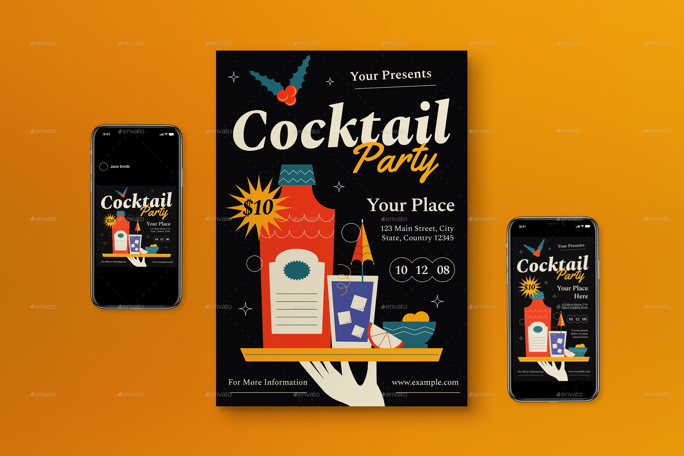 Black Mid Century Cocktail Bar Flyer Set, Print Templates | GraphicRiver