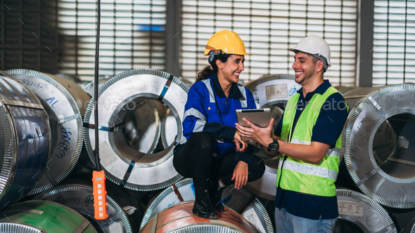 Engineers Inspecting Machinery at Metal Sheet Factory. Foreman ...