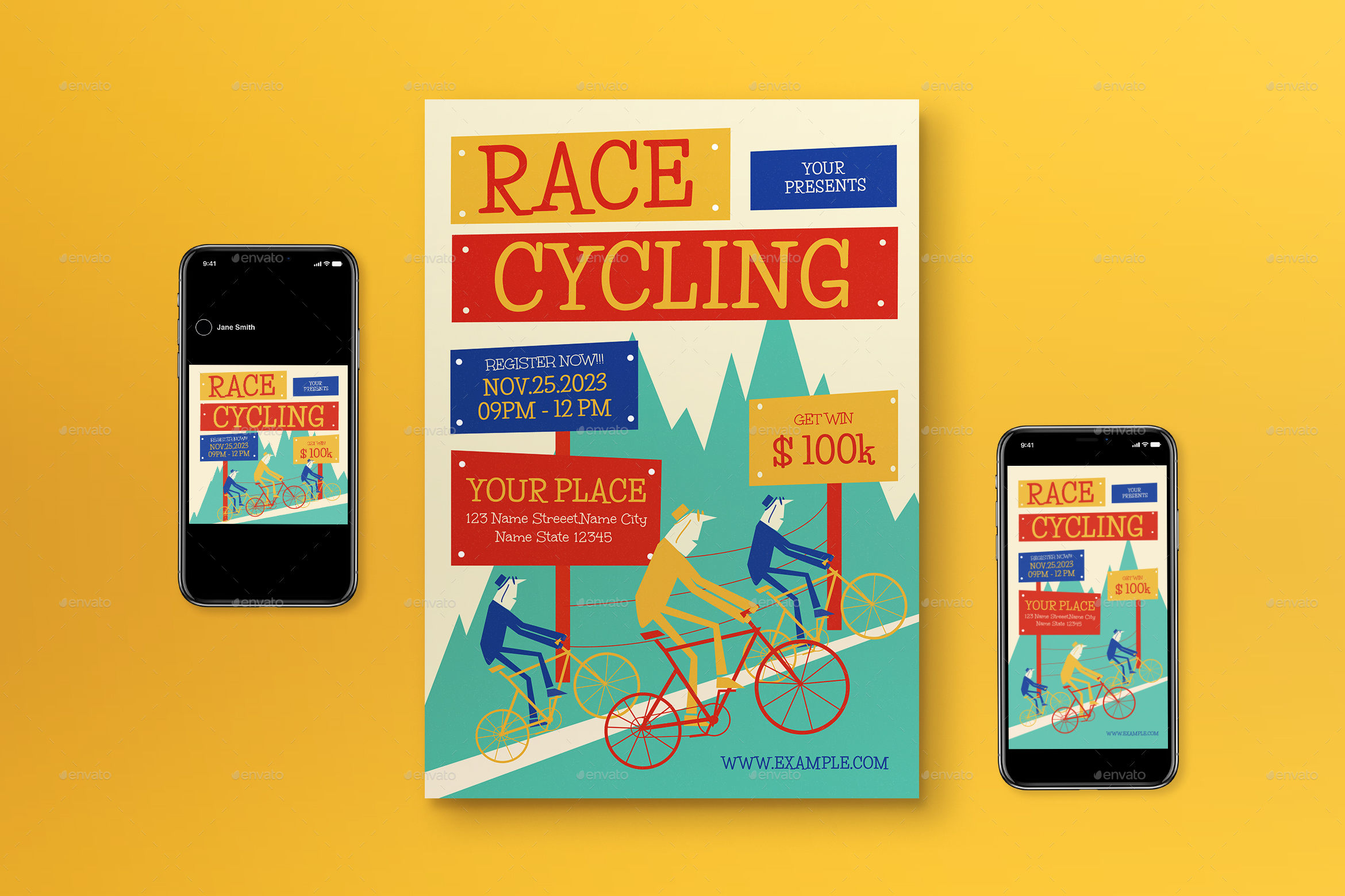 Orange Mid Century Cycling Event Flyer Set, Print Templates | GraphicRiver