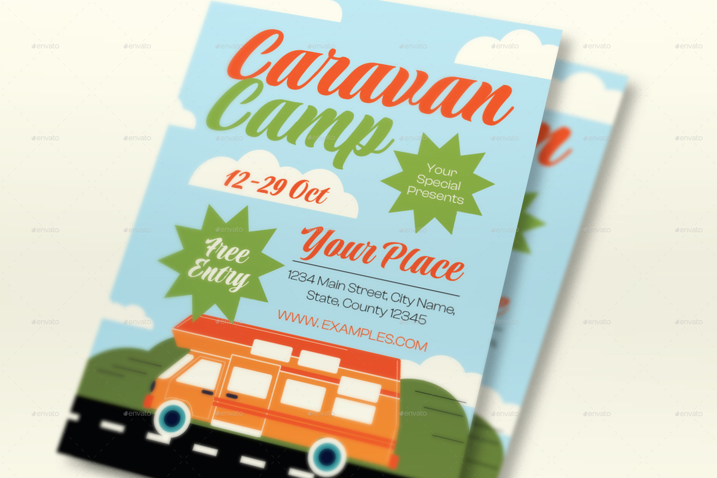 Colorful Flat Design Caravan Camp Flyer Set, Print Templates | GraphicRiver