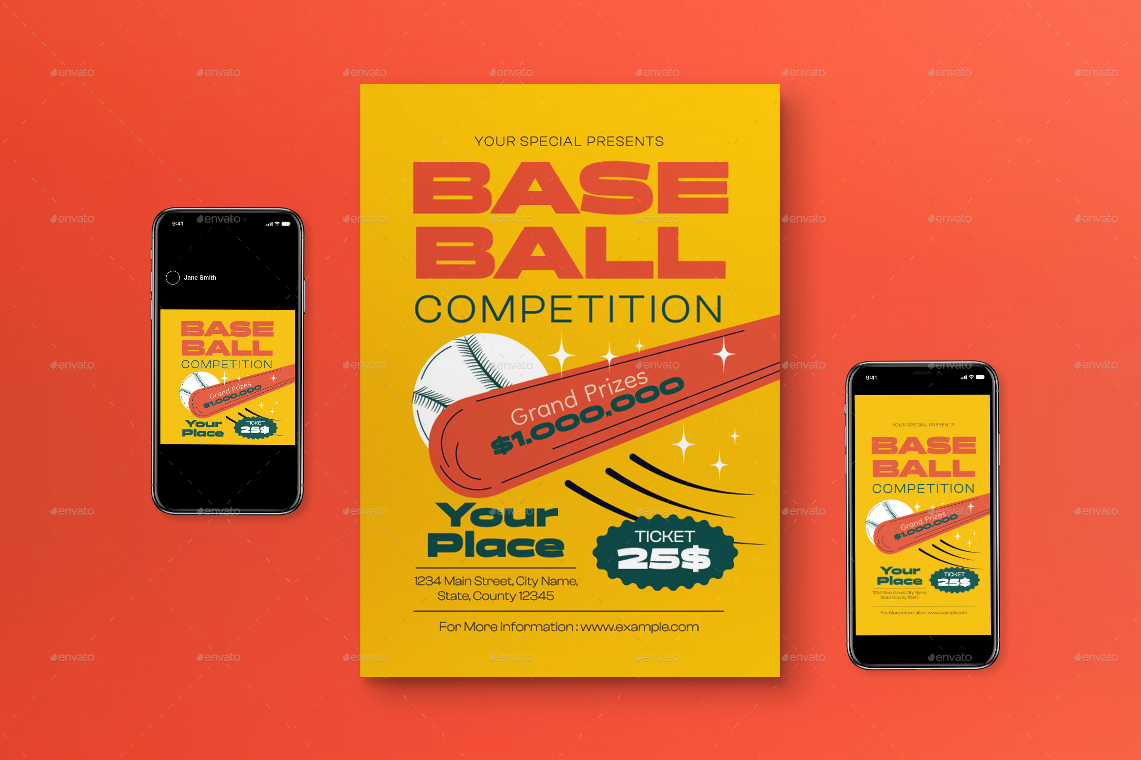 Yellow Line Art Flat Design Baseball Competition Flyer Set, Print Templates