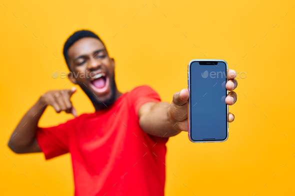 man yellow phone smile black happy smartphone african mobile technology ...