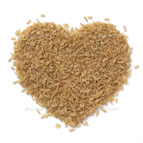 Organic brown rice in heart shape isolated on white background Stock ...