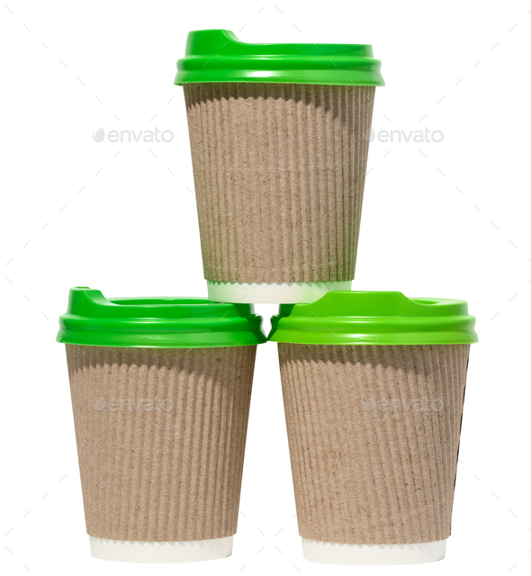Brown paper cup made of corrugated cardboard with a plastic white lid ...