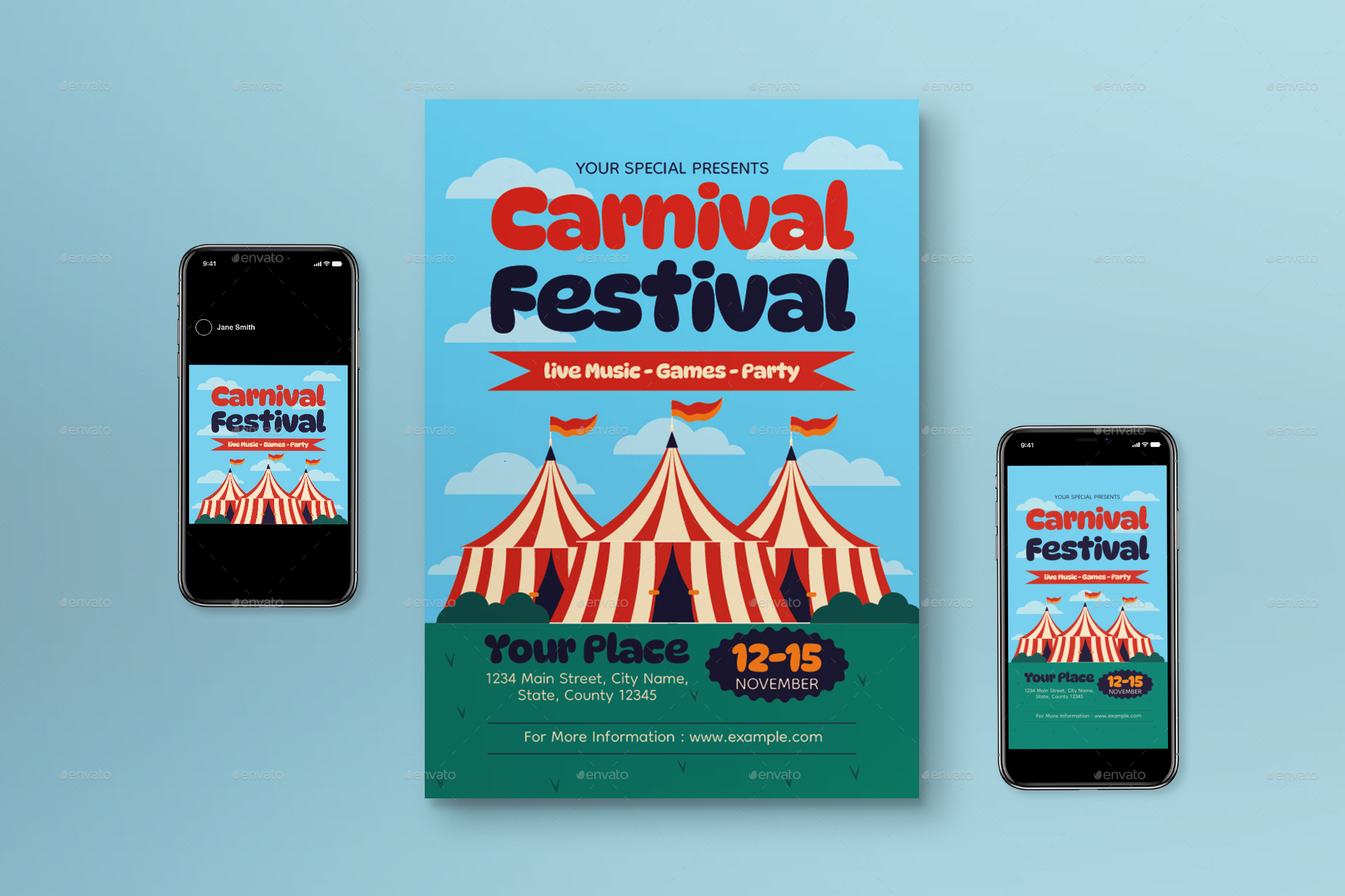 Colorful Flat Design Carnival Festival Flyer Set, Print Templates ...
