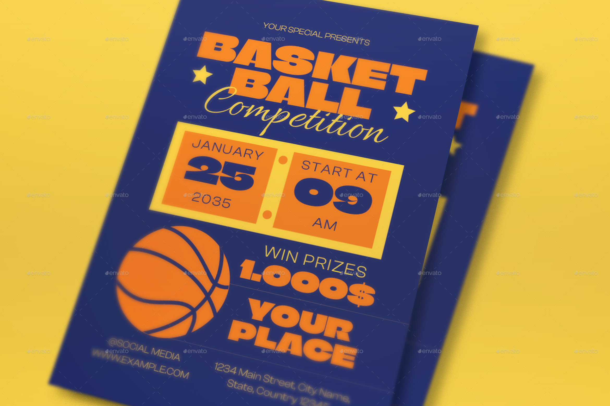 Navy Flat Design Basketball Competition Flyer Set, Print Templates