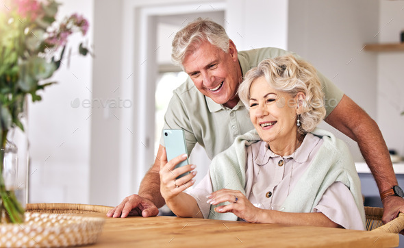 Senior couple, video call and home with phone, conversation and contact ...