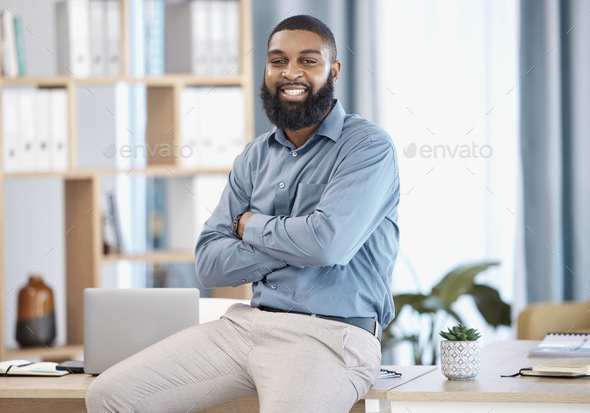 Man, portrait and office on desk, smile and pose for website, company ...