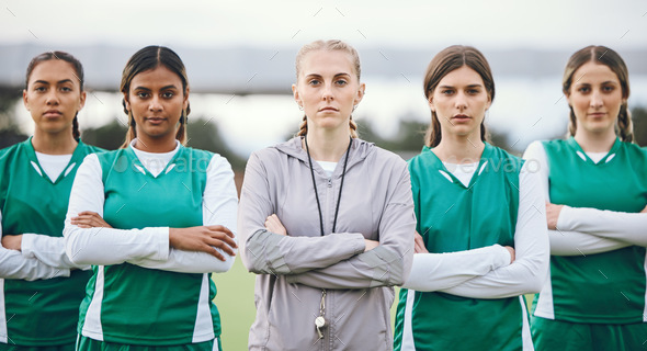Portrait, coach and women with arms crossed, teamwork and workout with ...