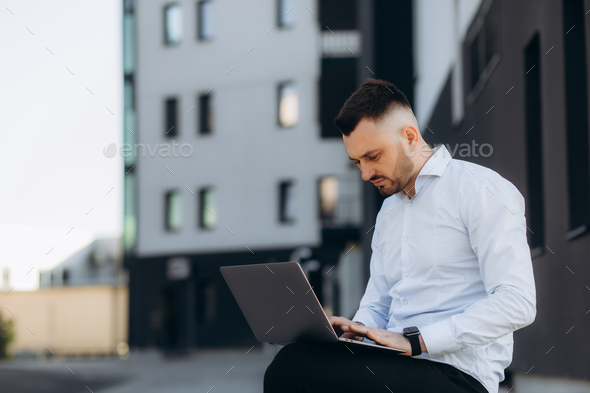 Business. Businessman Using Laptop Outdoor Adult Caucasian Male ...