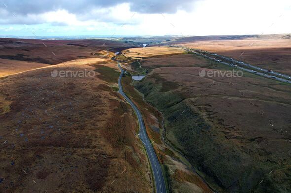 Drone shot of M62 motorway and Saddleworth Moor in Northwest England ...