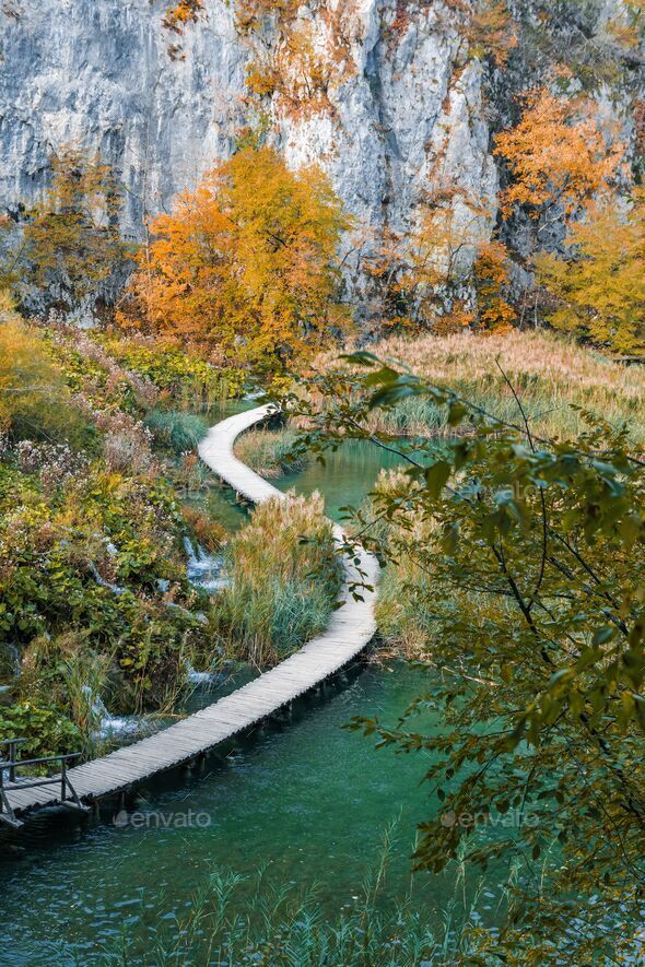 Wooden S-shaped path in Plitvice lakes national park in Croatia in ...
