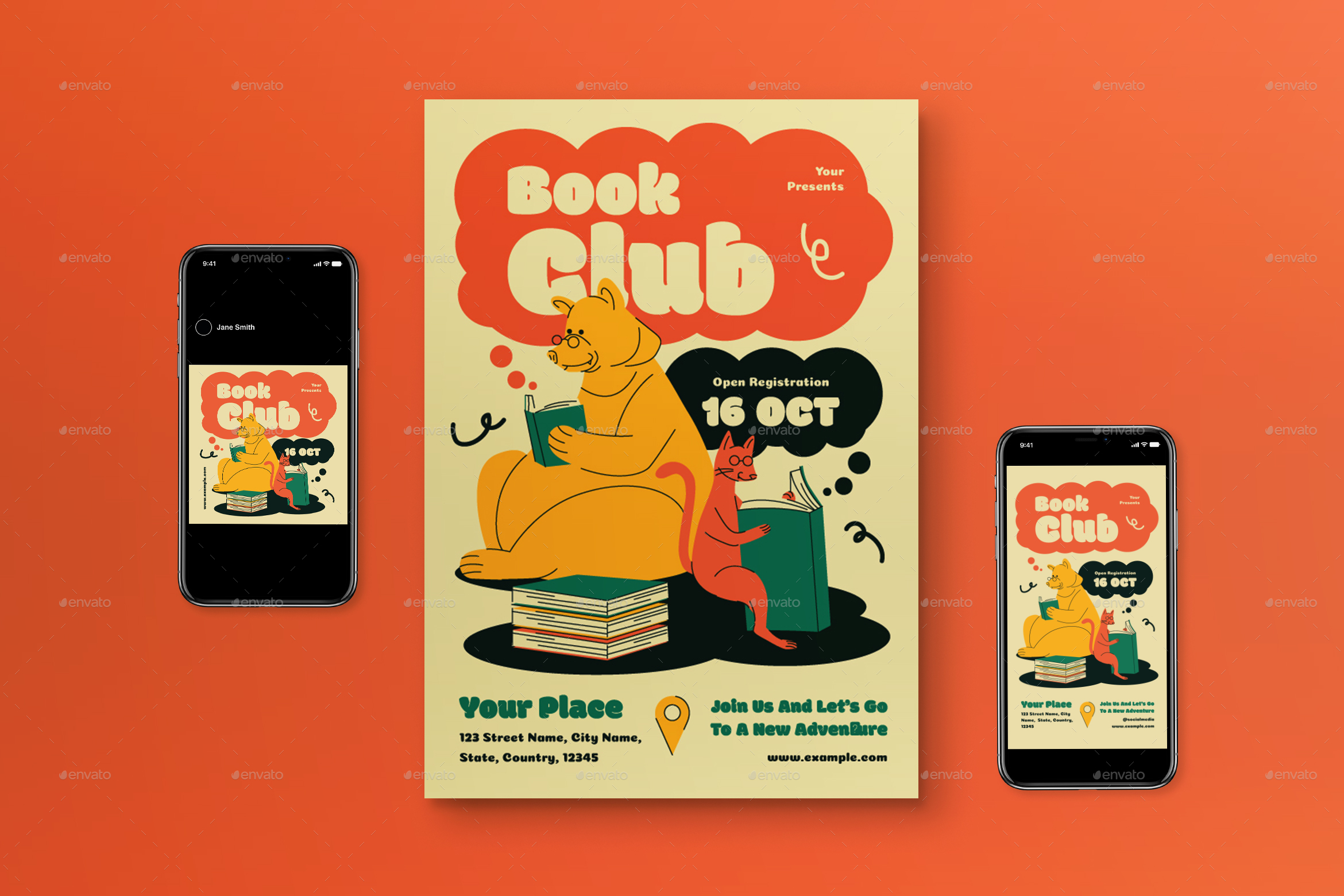 Beige Cartoon Book Club Flyer Set, Print Templates | GraphicRiver