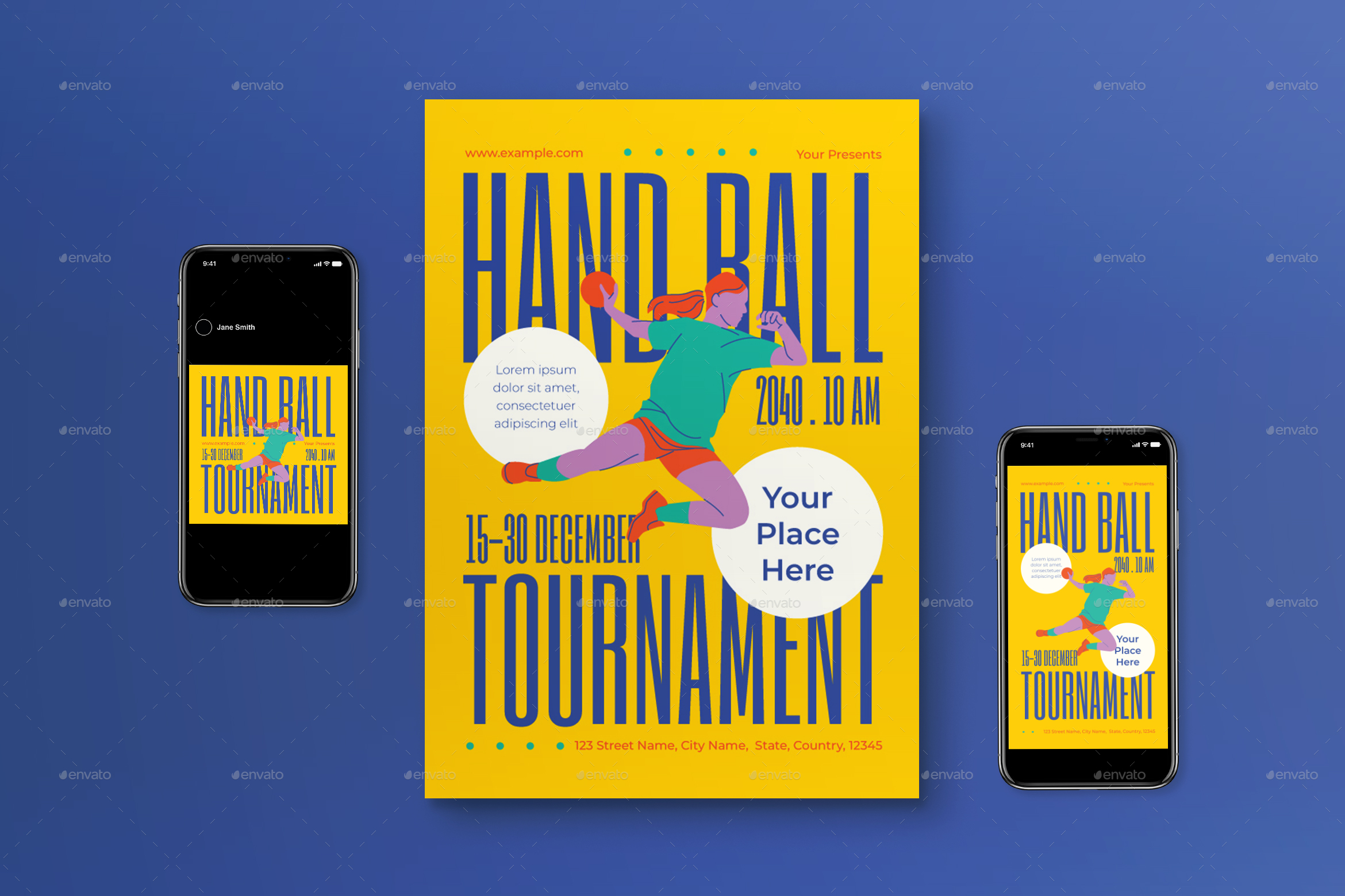 Yellow Flat Design Handball Tournament Flyer Set, Print Templates ...