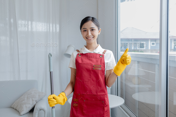 Asian woman cleaning staff, company office cleaning maid, maintaining ...