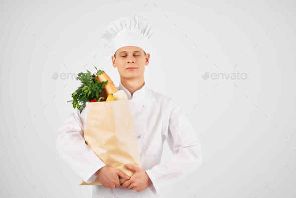 man in chef uniform food delivery supermarket service Stock Photo by ...