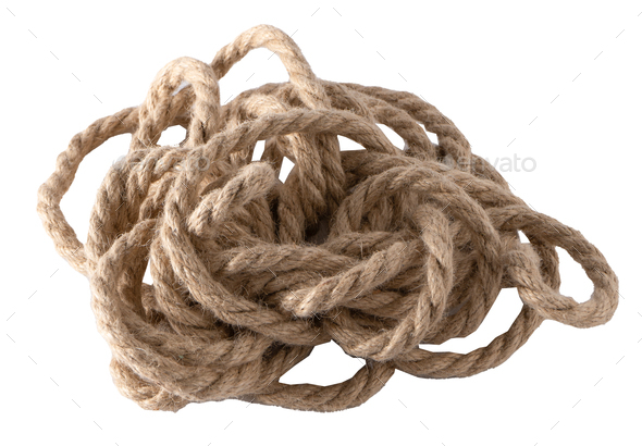 The rope is isolated on a white background. Knots from a tangled rope ...
