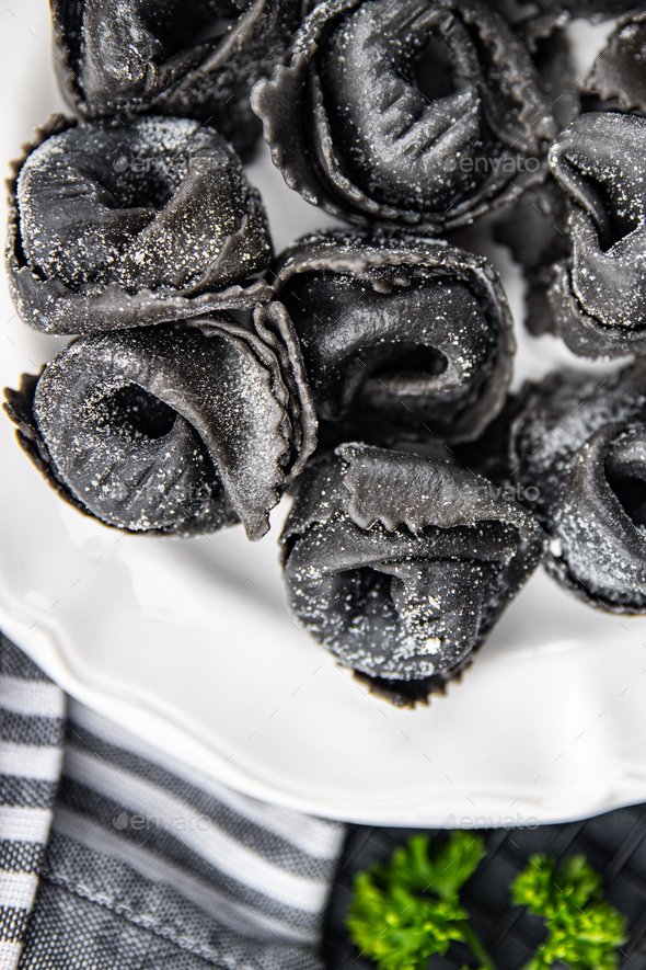 ravioli black agnolotti color cuttlefish ink fresh seafood salmon fish ...
