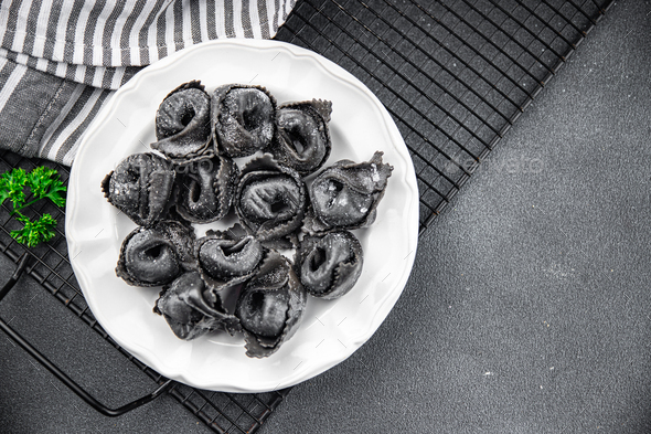 ravioli black agnolotti color cuttlefish ink fresh seafood salmon fish ...