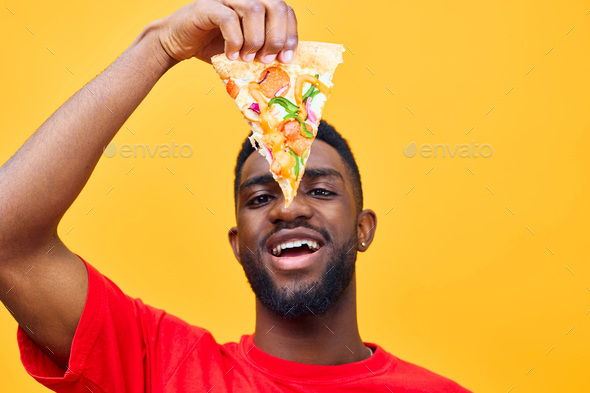 happy man guy food slice food background black delivery smile pizza ...