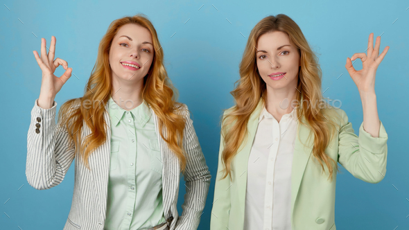 Friends, fashionable woman, ok hand, wink, excited emotion, happy sign ...