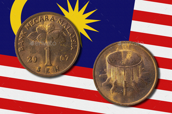 Malaysian ringgit coin, one sen on a national flag Stock Photo by ...