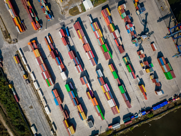 aerial view of a container terminal at the port, where massive ...