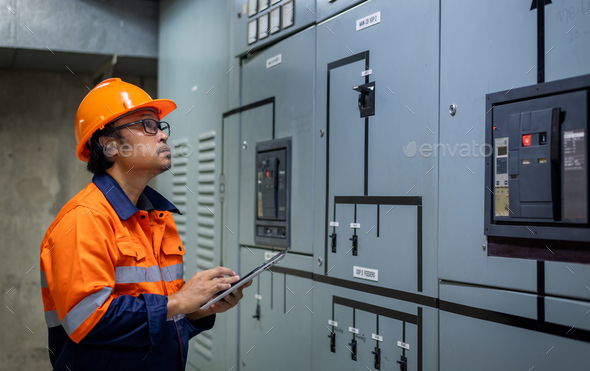 engineer checking and inspecting at MDB panel .he working with electric ...