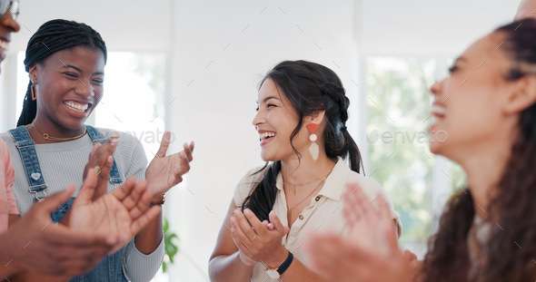 Winner, applause and success with a business team clapping together in ...