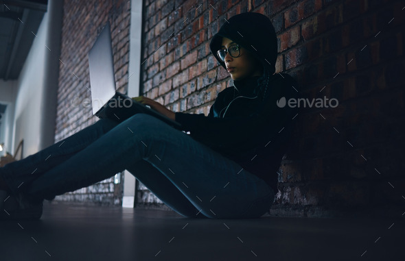 Hacker Woman In Dark Room With Laptop And Information Technology Phishing And Cyber Crime With